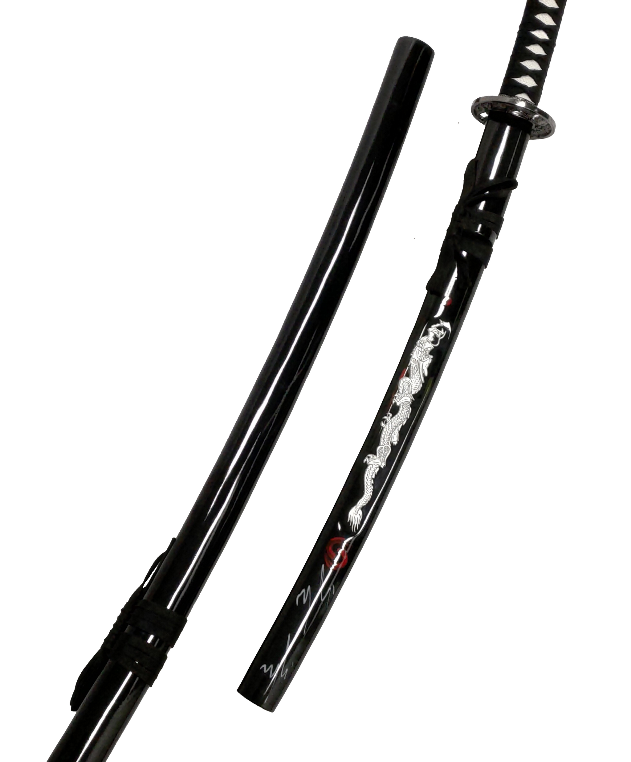 DUAL HOLOGRAPHIC SILVER FIGHTING DRAGON BLACK KATANA DOUBLE SWORD SET ...