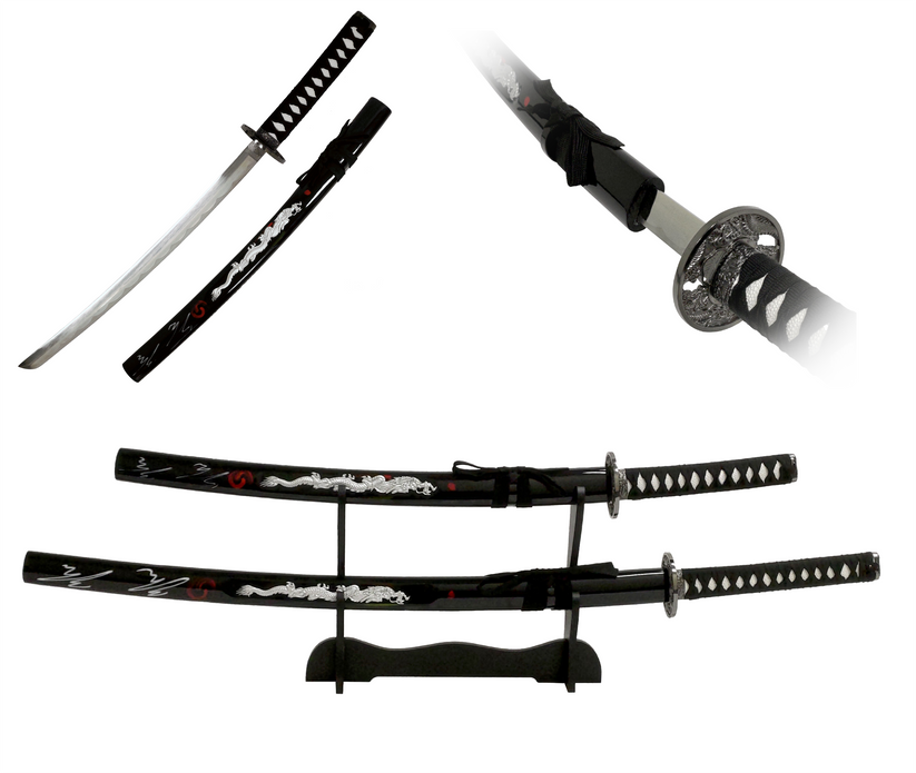DUAL HOLOGRAPHIC SILVER FIGHTING DRAGON BLACK KATANA DOUBLE SWORD SET ...